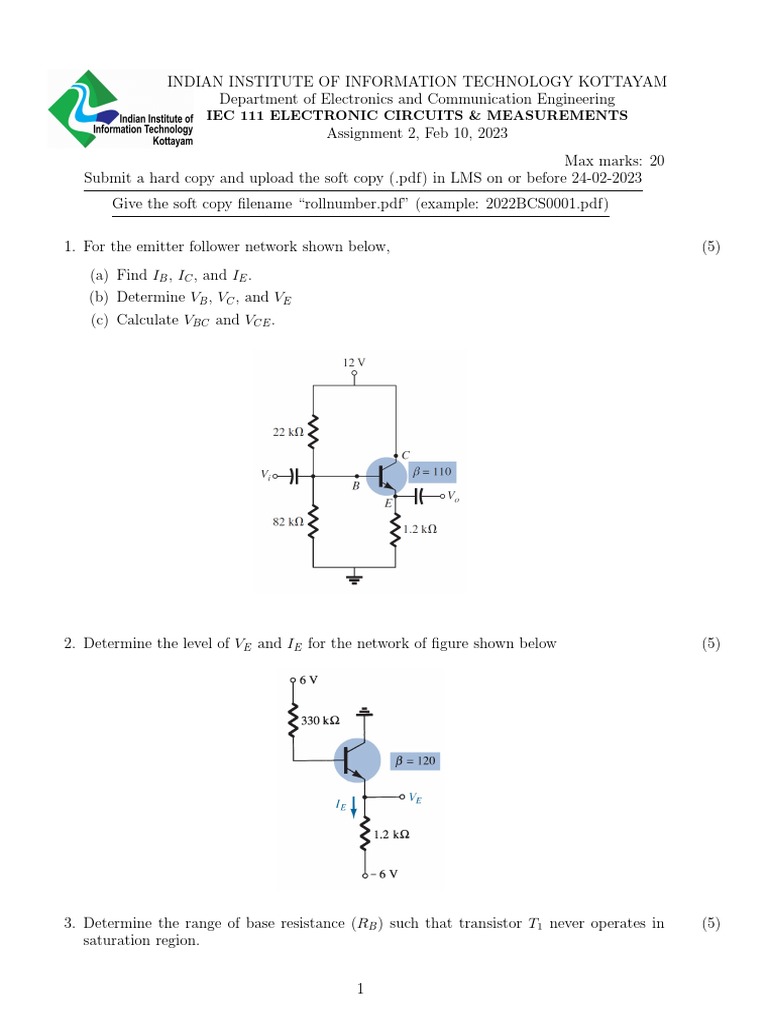 IIIT Kottayam Electronics Assignment on Emitter Follower and Transistor Circuits | PDF
