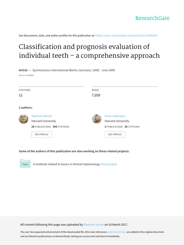 2009 Samet Classification Prognosis Evaluation Individual Teeth ...