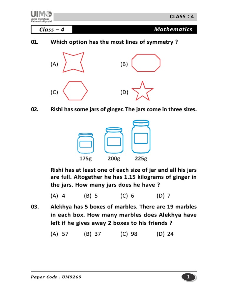 Class 4 Mathematics Question Paper | PDF | Elementary Mathematics ...
