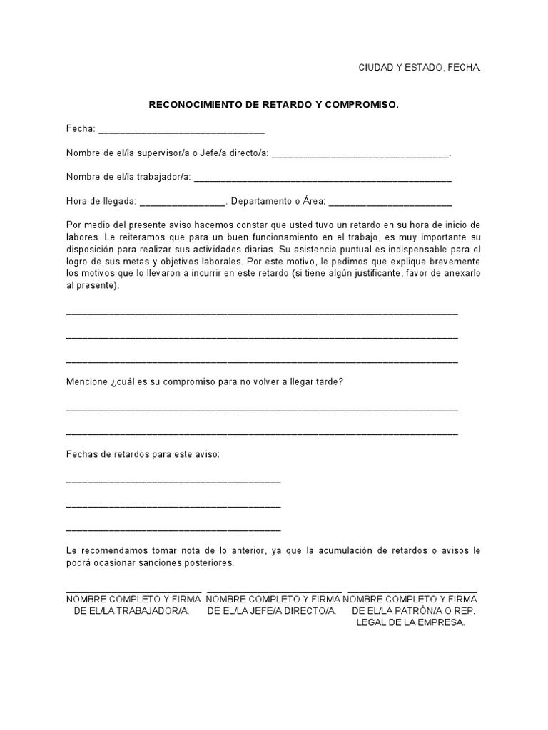 Formato de Carta Compromiso para Evitar Retardos y Faltas | PDF ...
