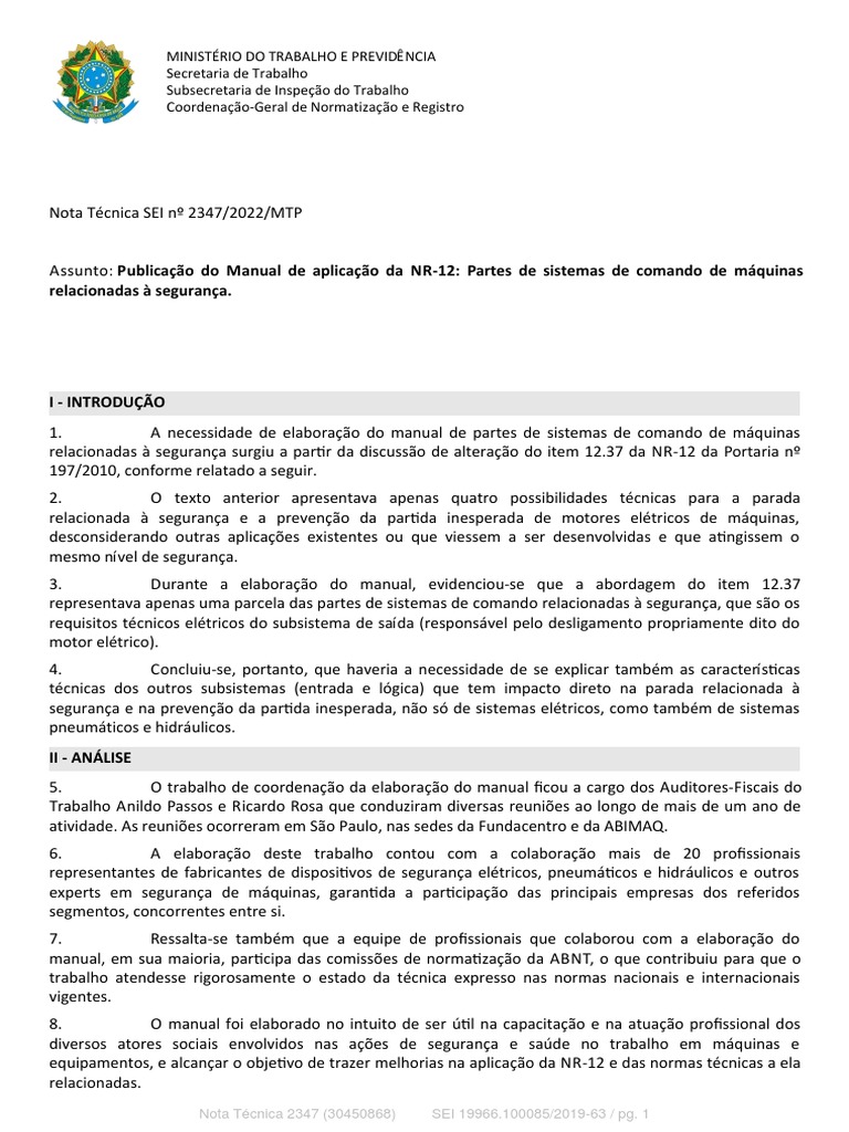 Nota Tecnica 2347 Manual Aplicacao NR 12 | PDF