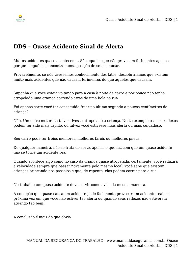 Quase Acidente Sinal de Alerta – DDS | PDF | Acidentes de trânsito
