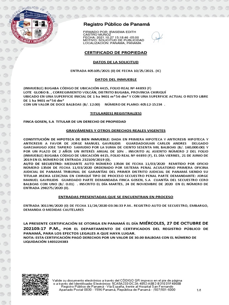 Certificado de Propiedad: Registro Público de Panamá | PDF | Panamá ...