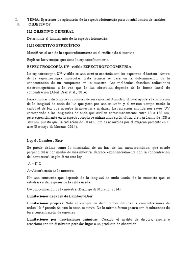 Ejercicios De Aplicación De La Espectrofotometría Para Cuantificación