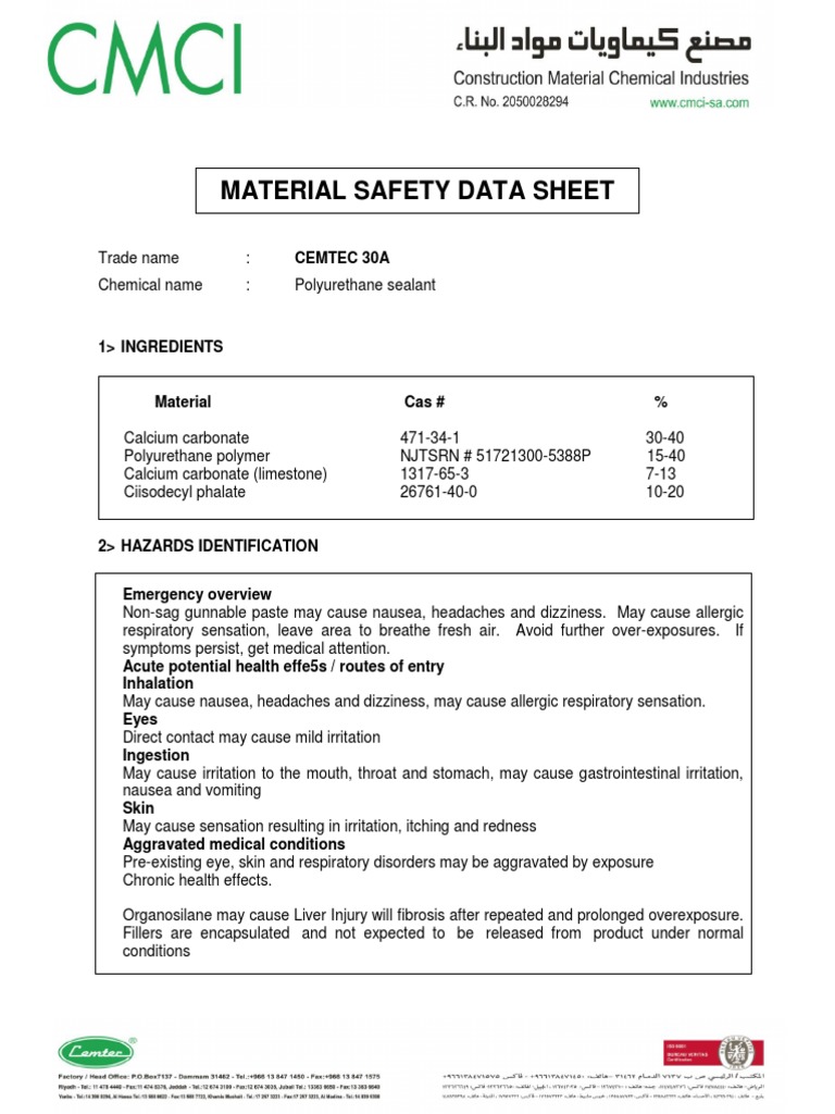 Cemtec 30A MSDS | PDF | Resource Conservation And Recovery Act | Personal Protective Equipment