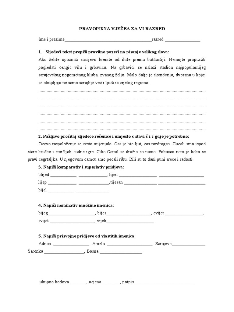Pravopisna Vježba Za Vi Razred | PDF