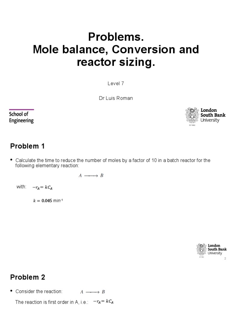 Reactor Sizing and Mole Balance Problems | PDF