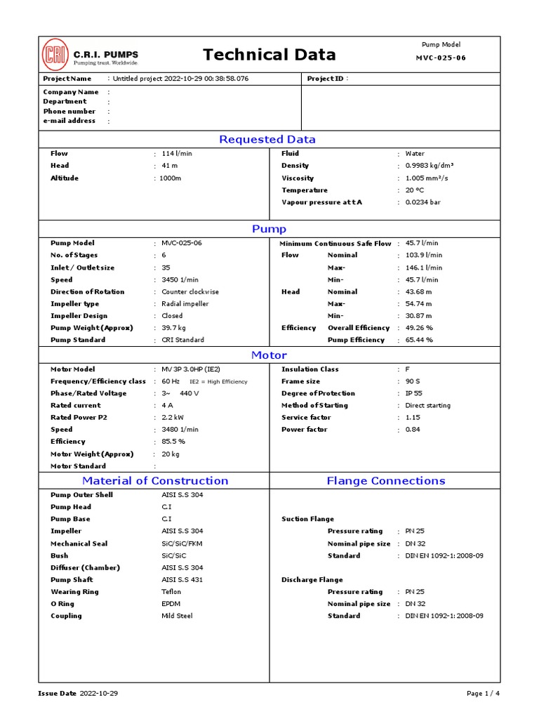 Data Sheet MVC-25 06-3, 3.0HP, 1 1 4x1 1 4 Pump 60 HZ | PDF | Pump | Mechanical Engineering