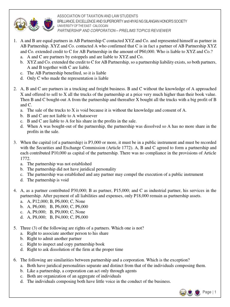 Parcor Prelims Reviewer Questions | PDF | Partnership | Limited Partnership