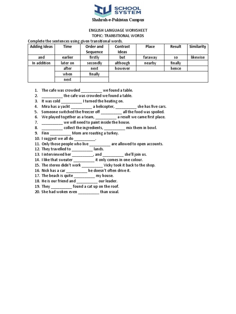 Transitional Words Worksheet for English | PDF