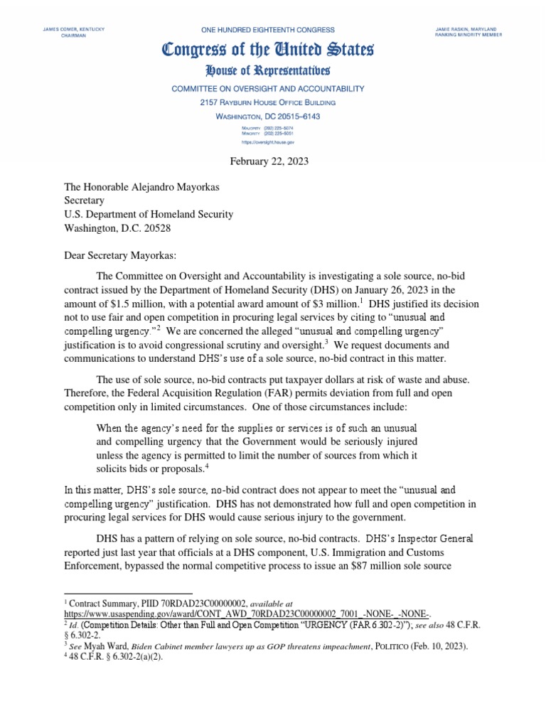 Oversight Committee Hearing Letter To DHS On No-Bid Contract | PDF ...