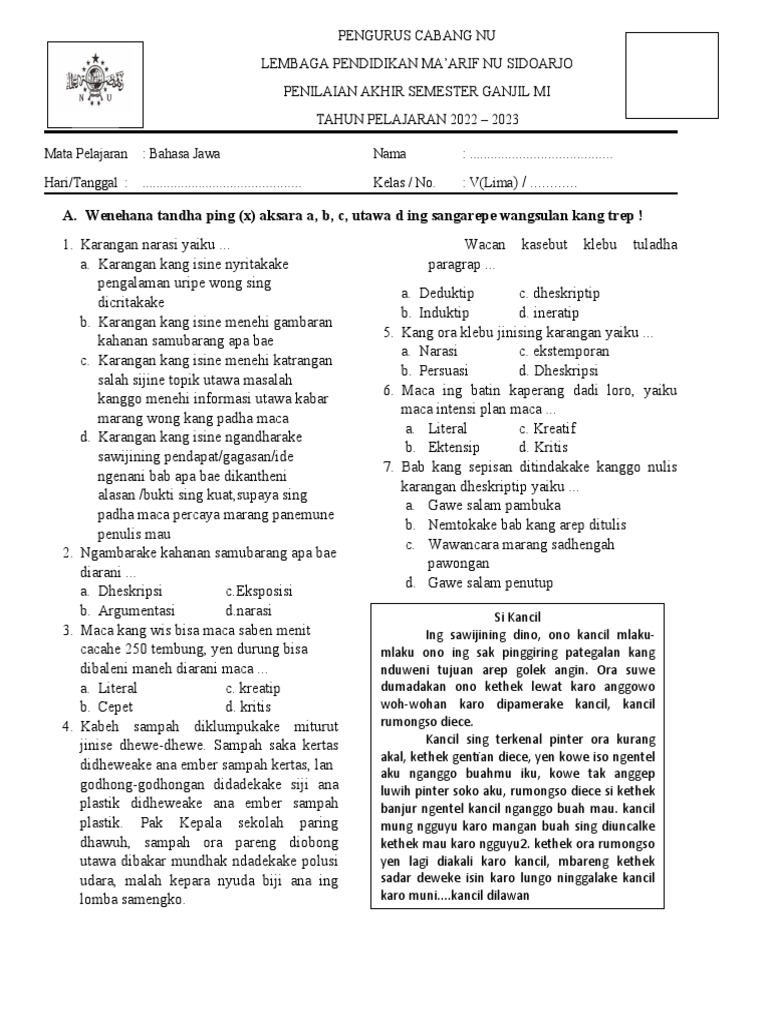 Soal Bhs Jawa Kls 5 | PDF