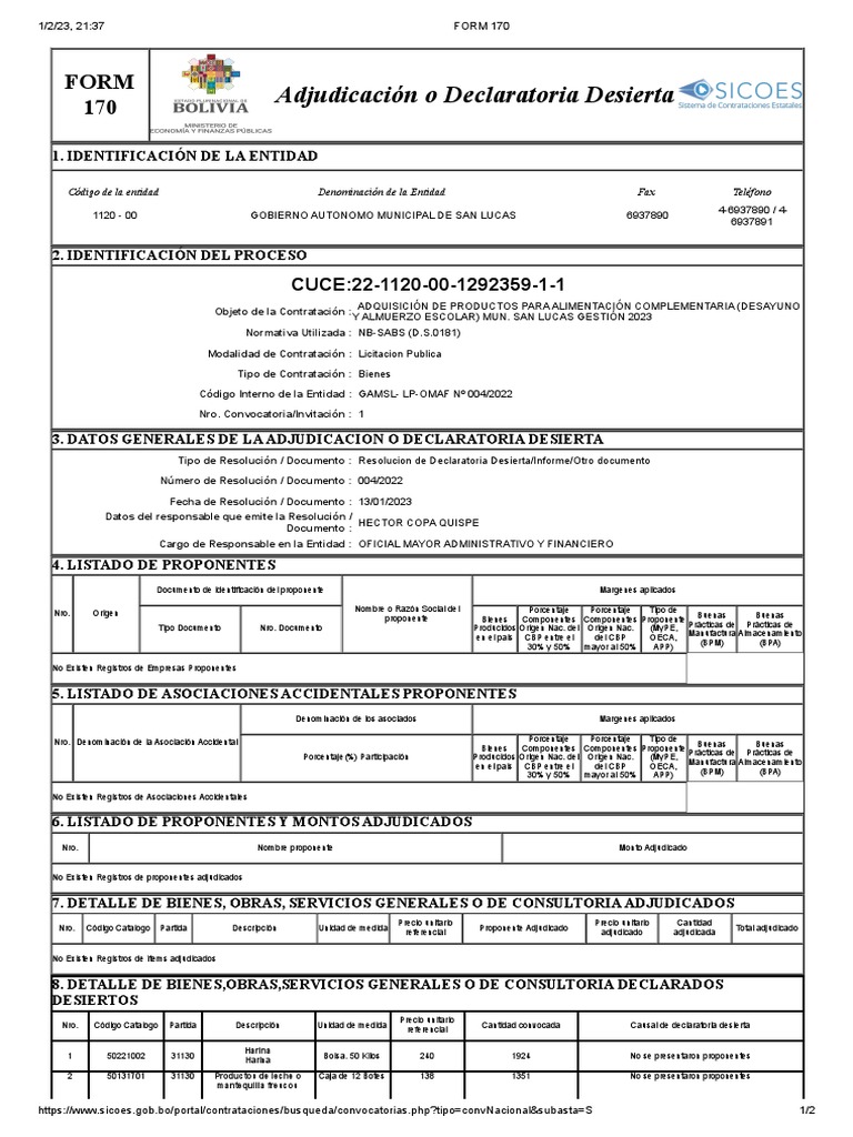 SICOES Form 170 Desierto | PDF | Comida y bebida | Ingredientes de comida