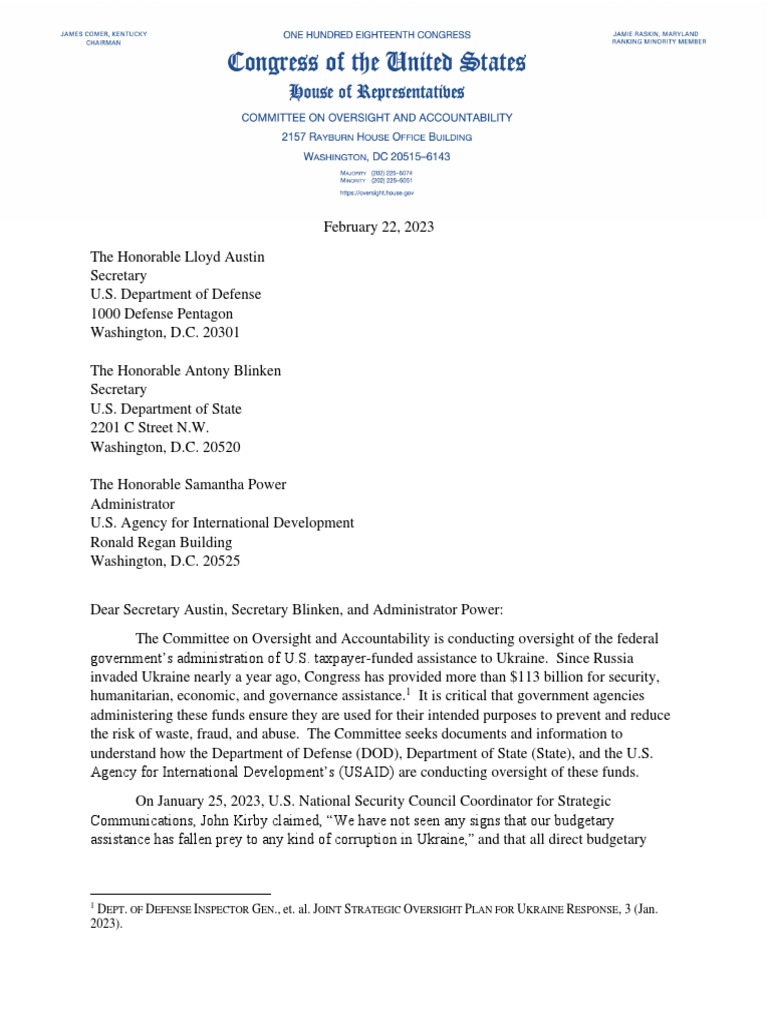 Oversight Committee Letter | PDF | United States Department Of Defense ...