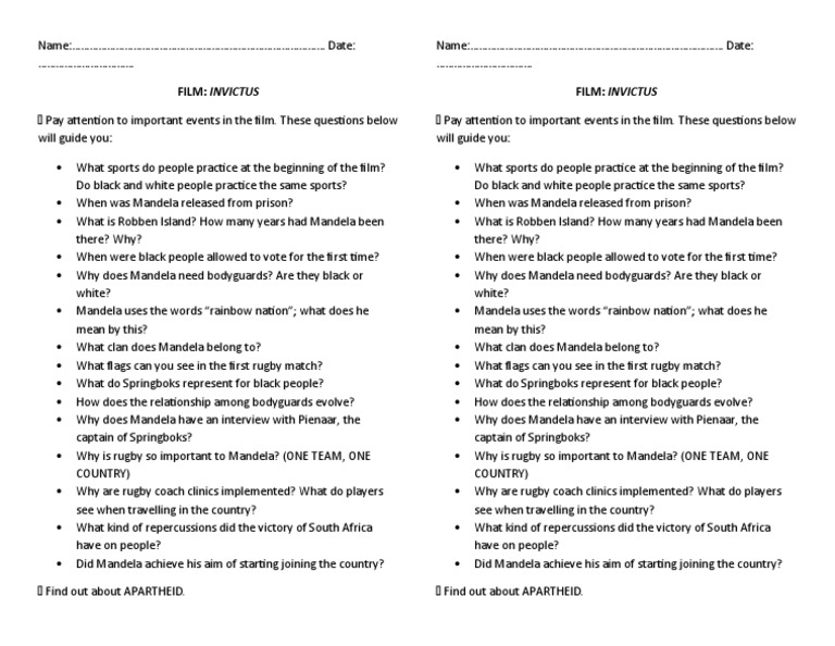 Invictus Film Study Questions | PDF | South Africa National Rugby Union ...