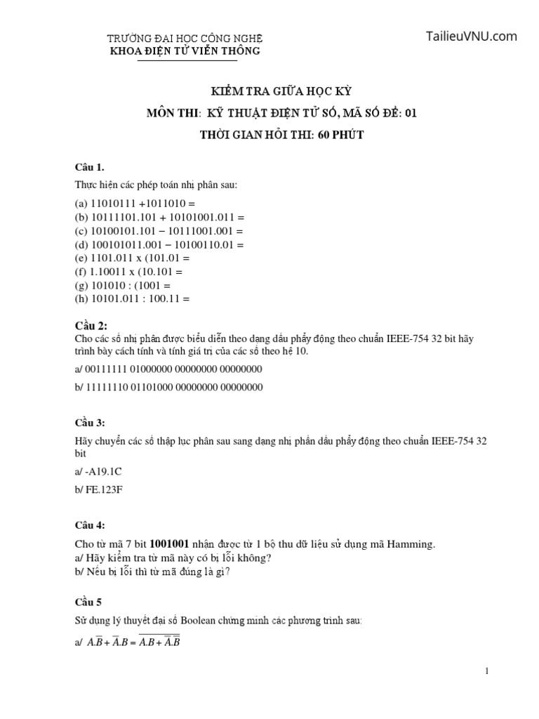 De Thi Dien Tu So de So 1 Giua Ky 1 Nam Hoc 2021 2022 - UET | PDF