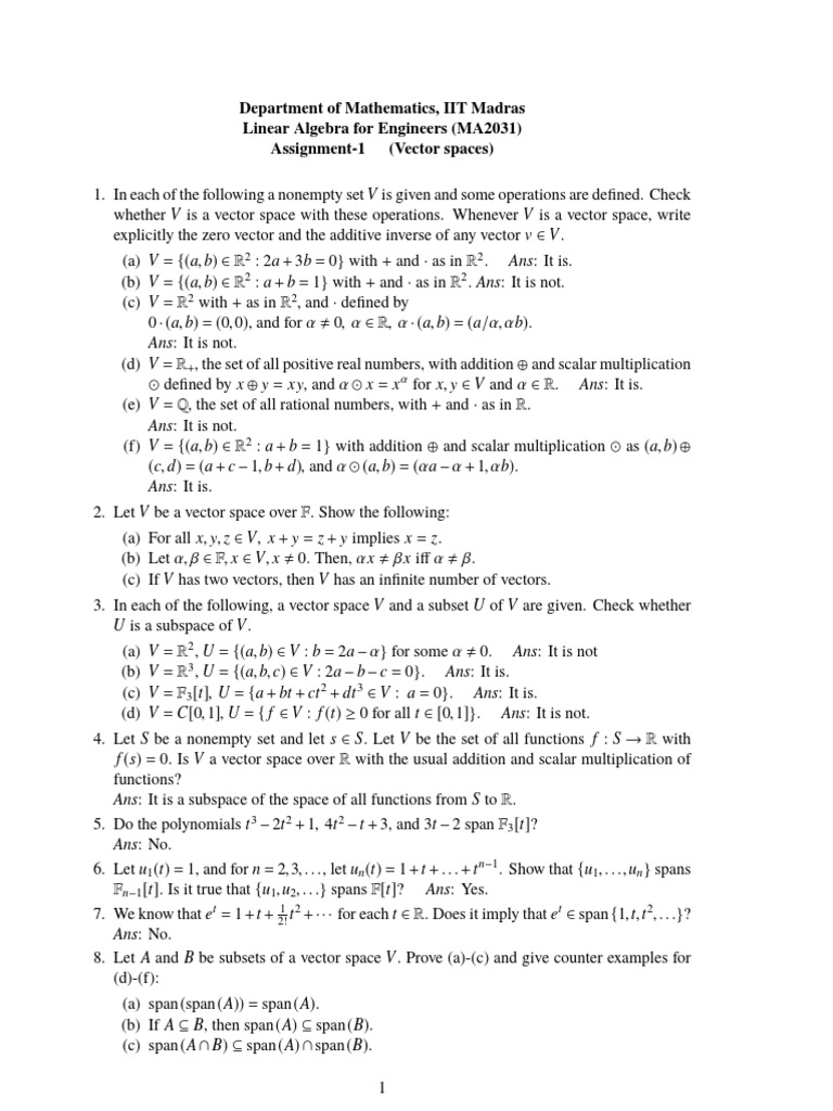 Assignment 1 Pdf Vector Space Linear Subspace