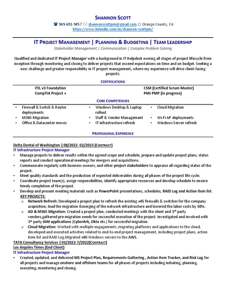 Shannon Scott IT Project Manager Resume | PDF | Project Management | Cloud Computing
