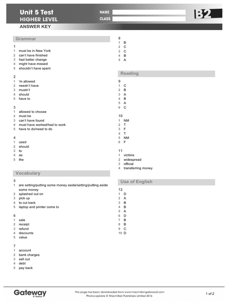 B2 UNIT 5 Test Anhgswers Key Higher | PDF