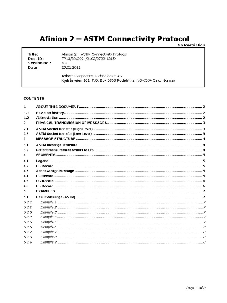ASTM Protocol for Afinion 2 Users | PDF | Transmission Control Protocol ...