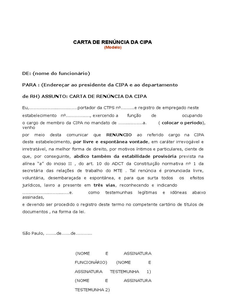 Exemplo Carta De Renúncia Da Cipa Pdf