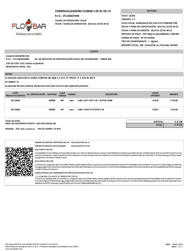 Factura CFDI 55121600 Comercializadora Flobar | PDF | Dólar de los ...