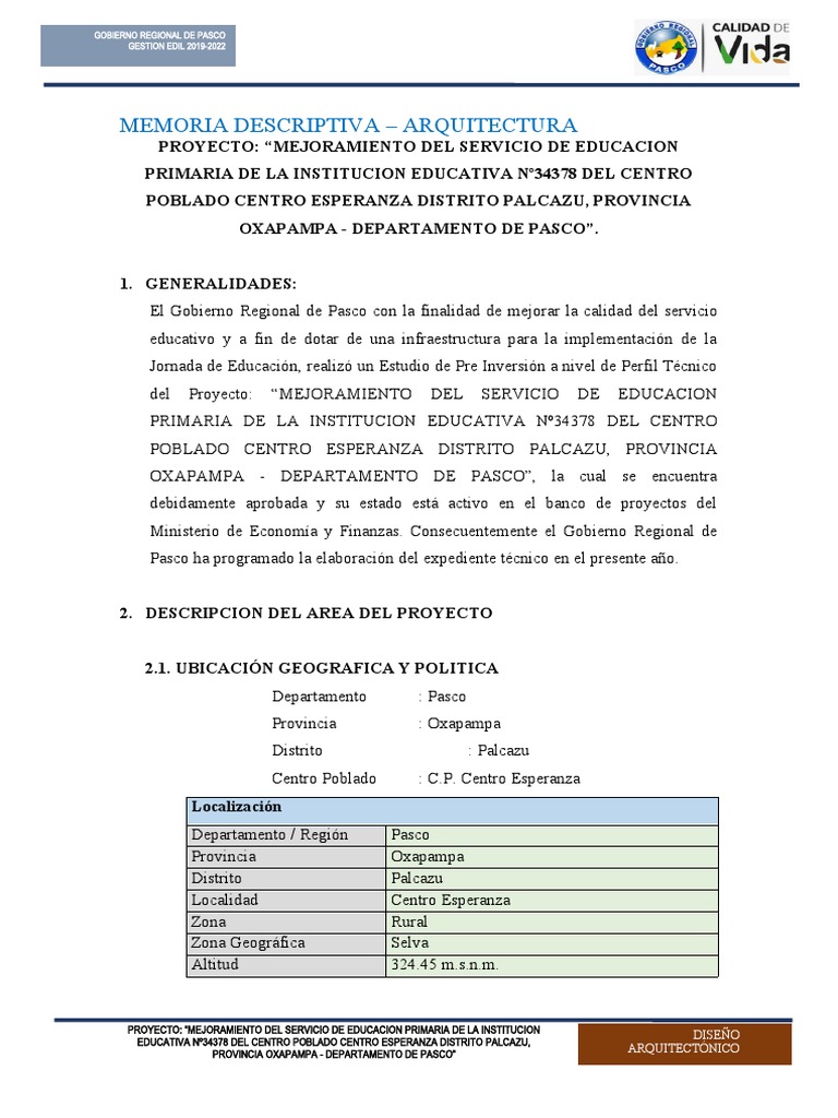 Memoria Descriptiva Arquitectónica | PDF | Hormigón | Educación primaria