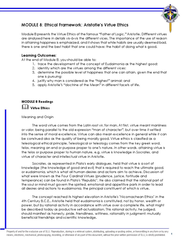 Module 8 - Ethical Framework Aristotle's Virtue Ethics | PDF | Virtue ...