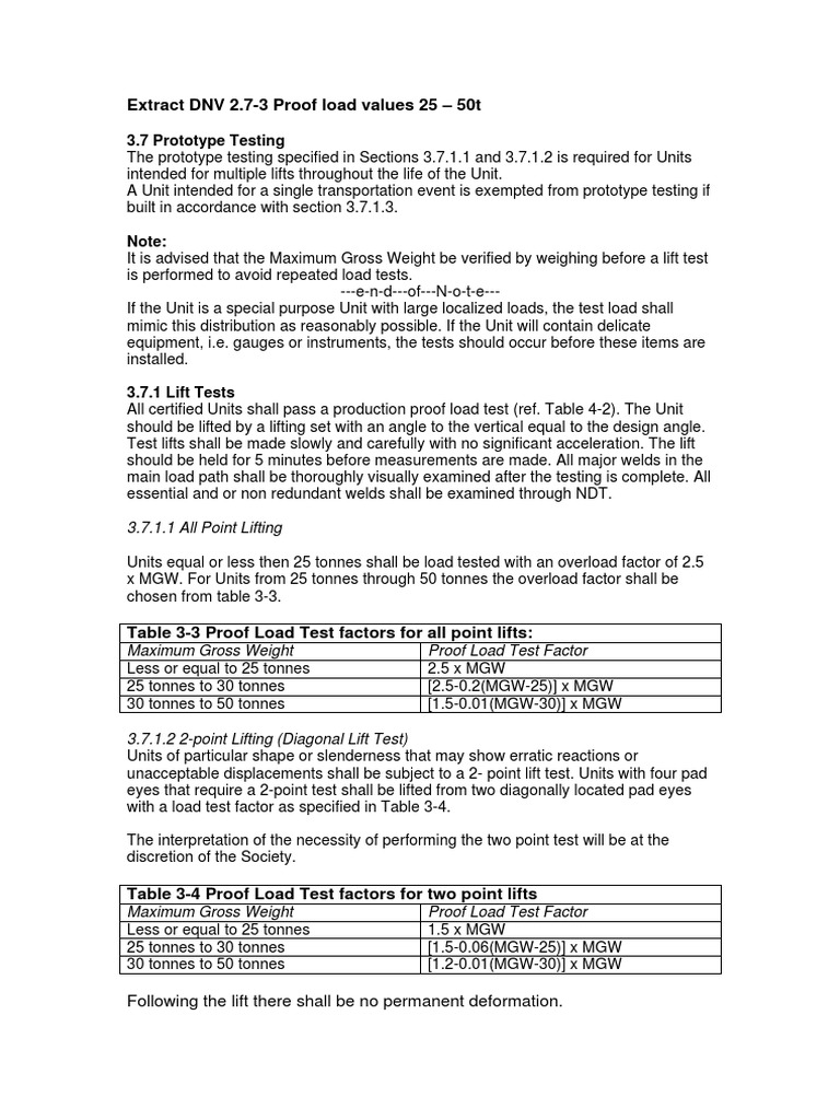 DNV 2.7-3 Extract Proof Load Values 25 To 50t | PDF | Weight ...