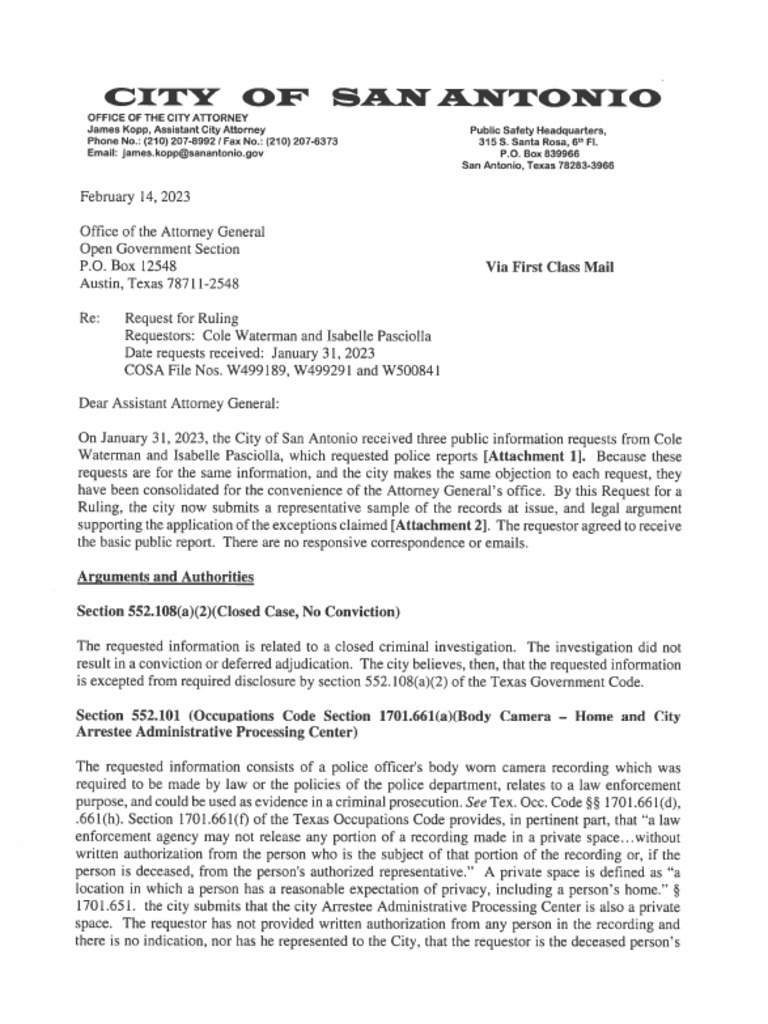 San Antonio City Attorney Letter | PDF