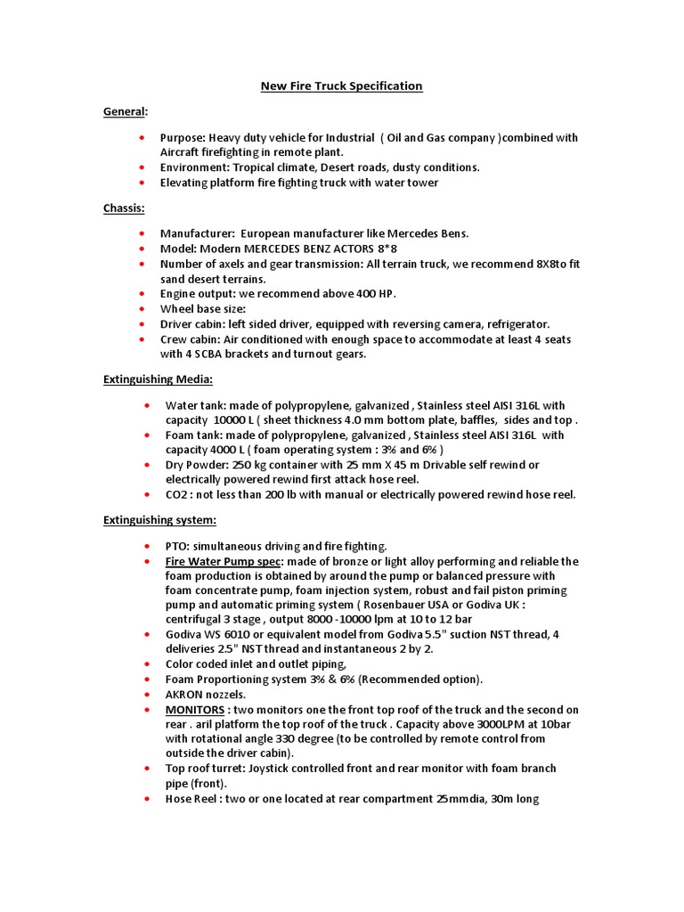 Heavy-Duty Fire Truck Specifications | PDF | Truck | Fire Engine