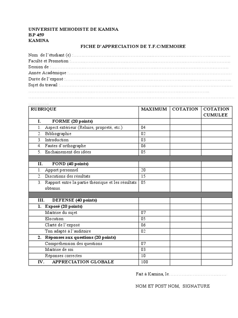 Fiche Appreciation | PDF