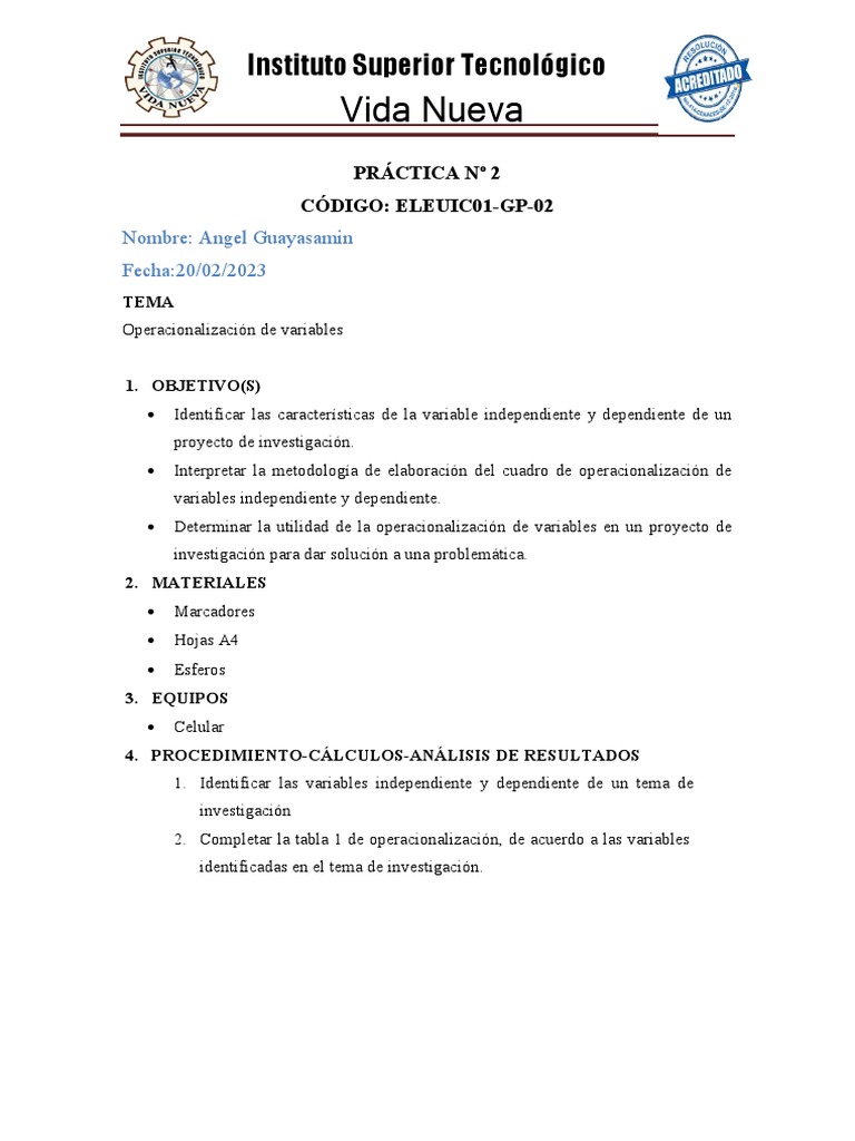 Practica 2 Variables | PDF | Método científico | Metodología