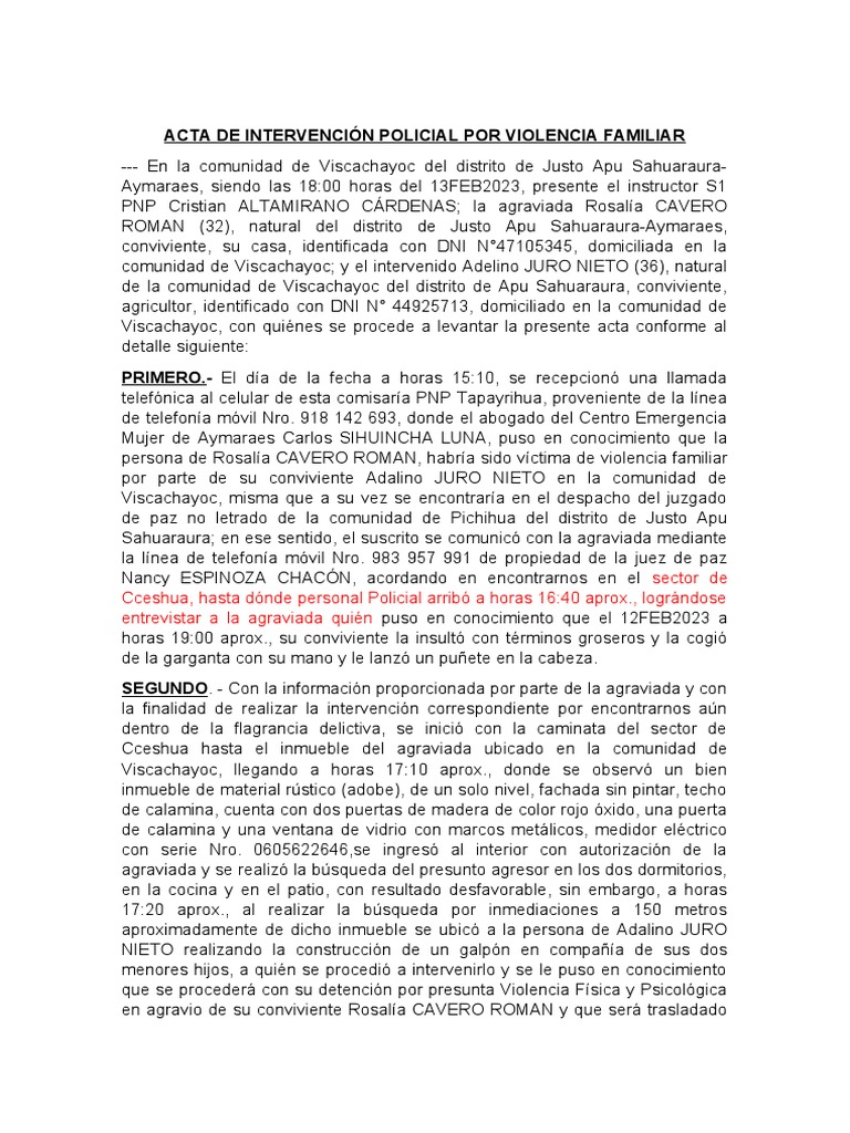 Acta de Intervención Policial Por Violencia Familiar | PDF