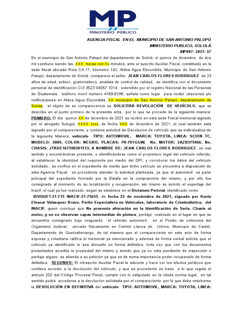 Acta Devolucion de Vehiculo | PDF | Experto | Fiscal
