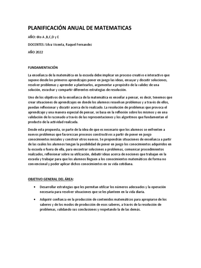 Planificación Anual De Matematicas 2022 Pdf Números División 5279