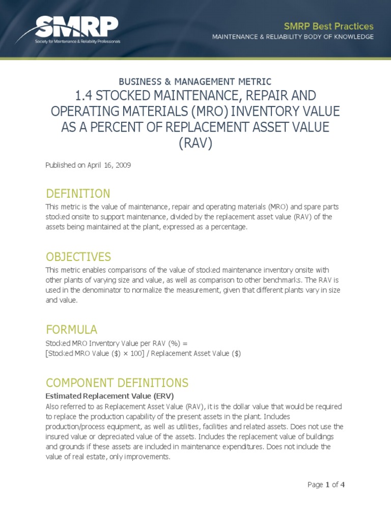 Metric 1.4 Stocked MRO Inventory Value As A Percent of RAV | Download ...