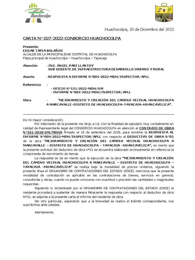 Informe N°027-2022 Respuesta A Oficio de Deductivo | PDF | Presupuesto | Oferta (economía)