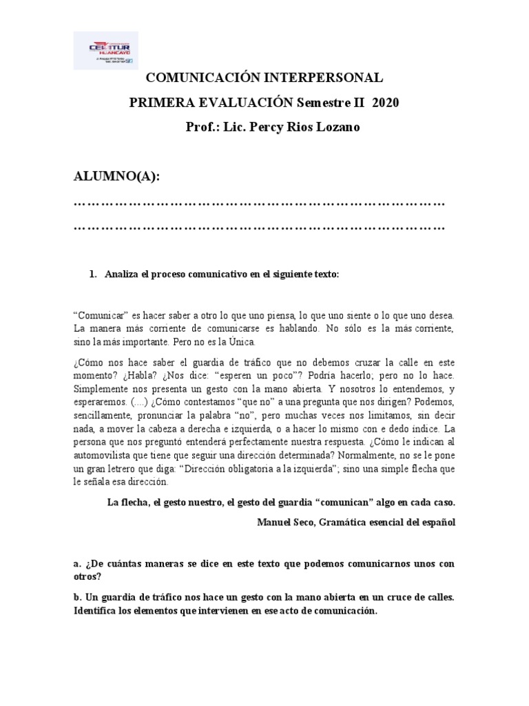 1ra Evaluación de Comunicación Interpersonal | PDF | Comunicación ...