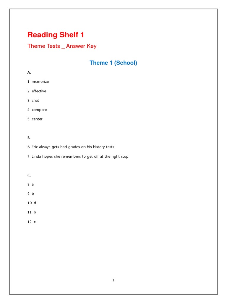 Theme Tests Answer Key for Reading Shelf | PDF