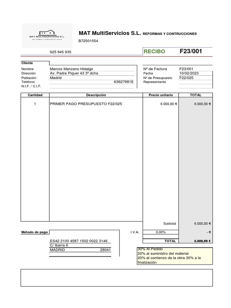Mat Multiservicios S.L.: Recibo | PDF