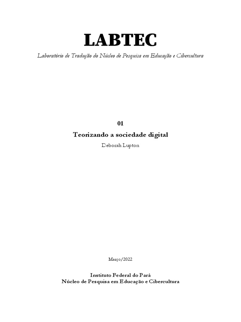 Labtec 01 - Lupton. Teorizando A Sociedade Digital (03.2022) | PDF | Sociologia | Economia
