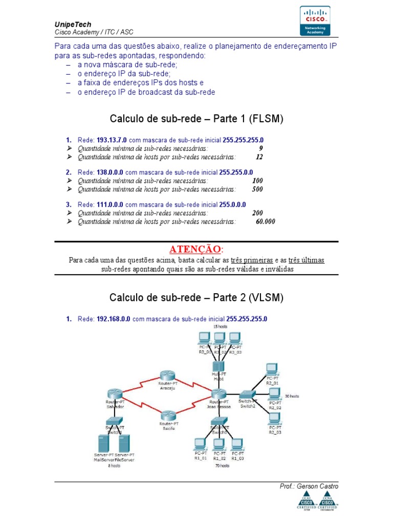 CCNA1 ExercFixacao SubRede | PDF | Computadores