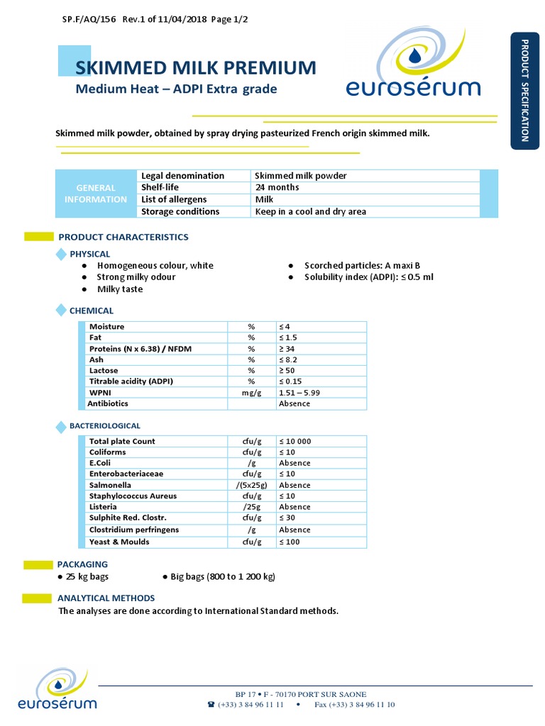 Skim Milk Powder Spec Sheet | PDF | Milk | Food And Drink