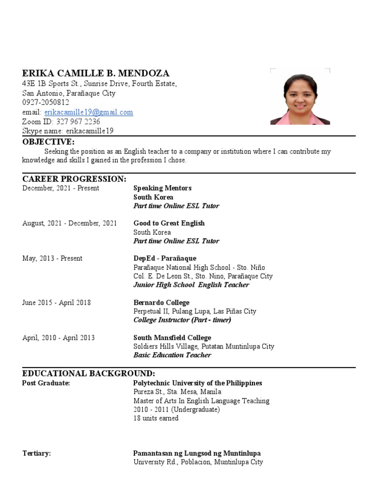 Erika Camille Mendoza - Updated CV | PDF | English As A Second Or ...