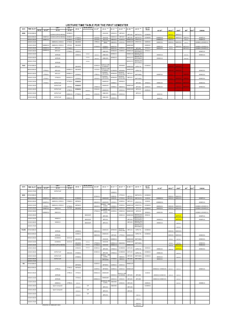 2023 First Semester Lecture Time Table - 4STT171 | PDF