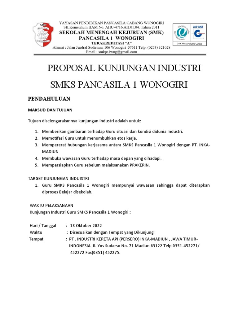 Contoh Proposal Kunjungan Industri Ke INKA | PDF Contoh Proposal Kunjungan Industri Ke INKA | PDF