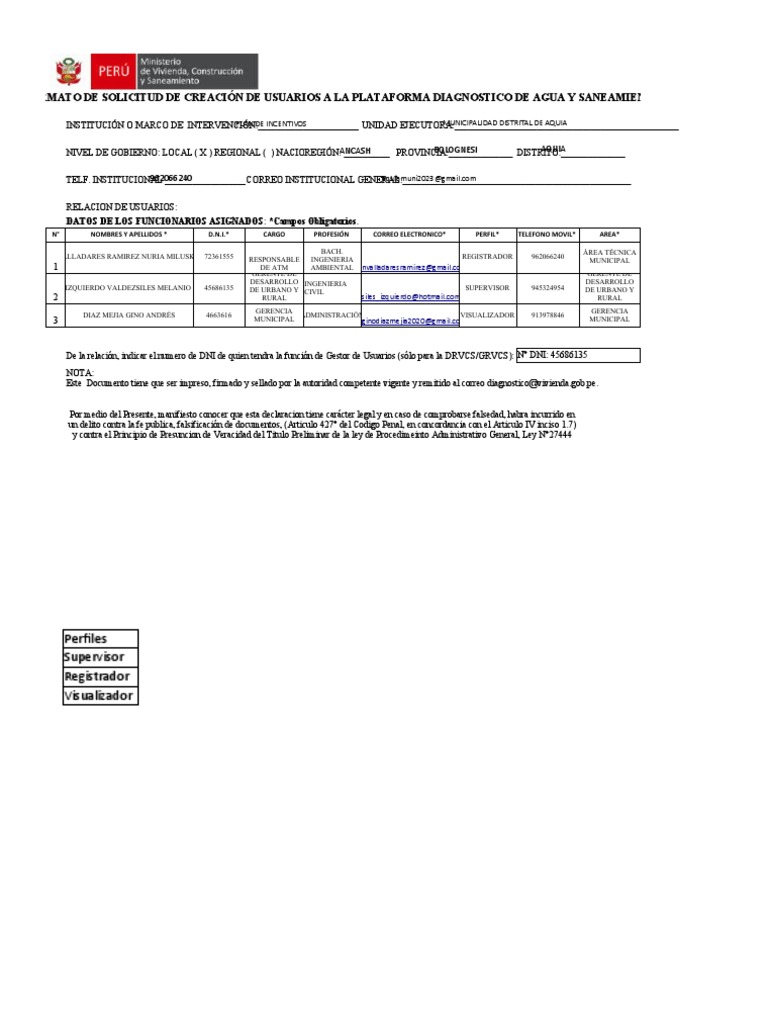 Formato Oficial Creación de Usuarios Plataforma Diagnóstico | PDF