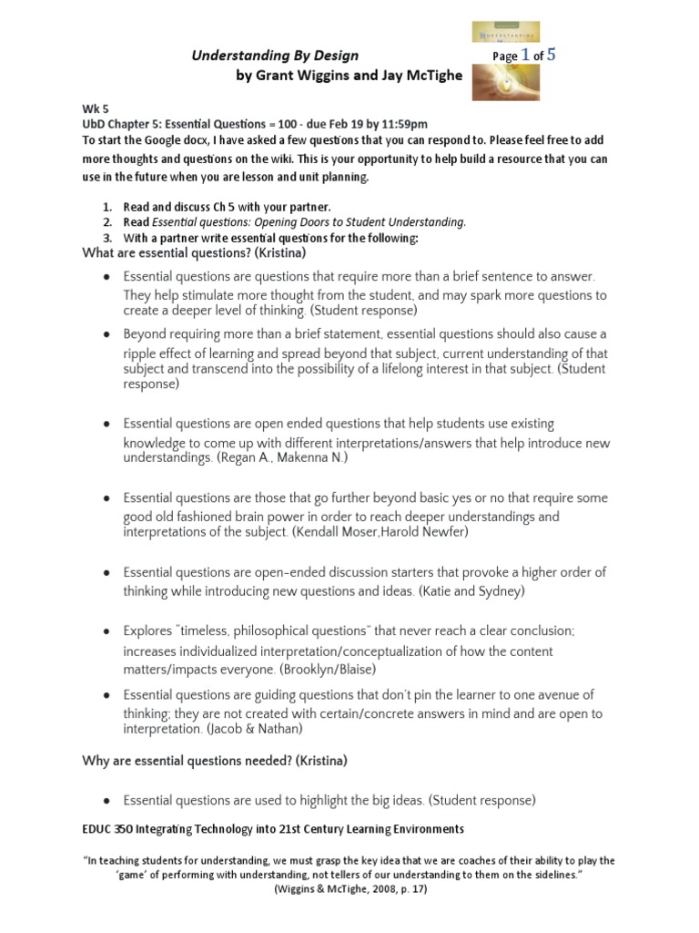 Ubd Chapter 5 - Essential Questions 1 | PDF | Thought | Learning