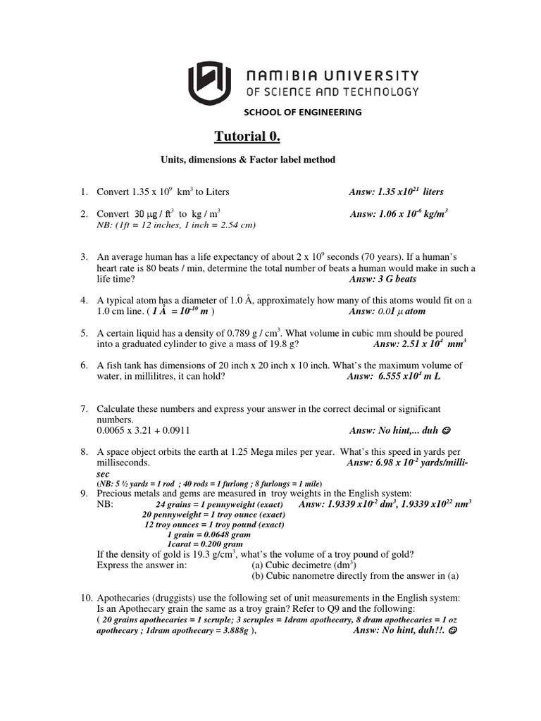 Tutorial 0 | PDF | Density | Litre